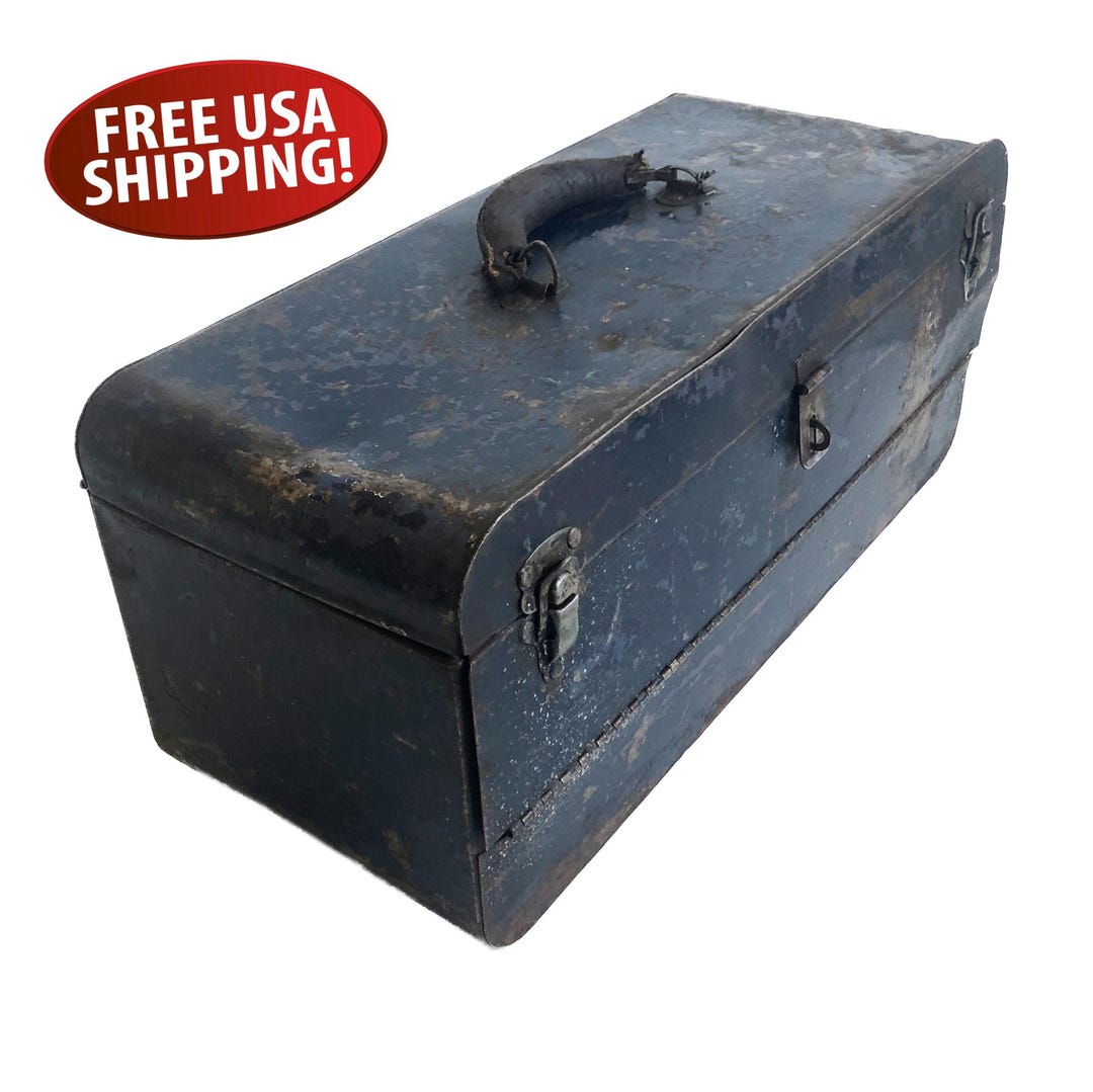 Distressed 1930s-1940s Steel Toolbox With Tray and Drawer, Old Dark ...