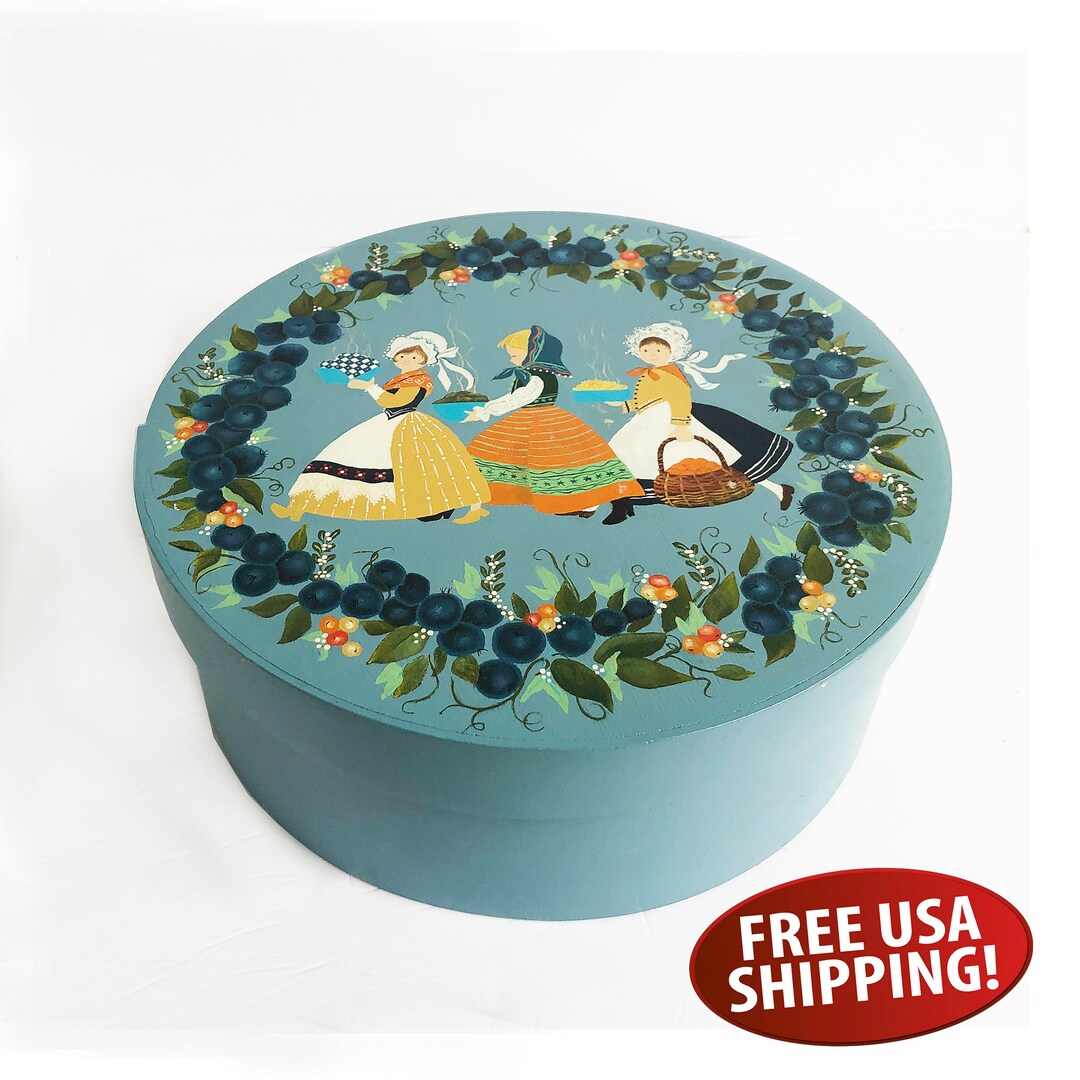 Vintage Blue Round Box With Lid - Painted With Nordic-scandinavian Folk ...