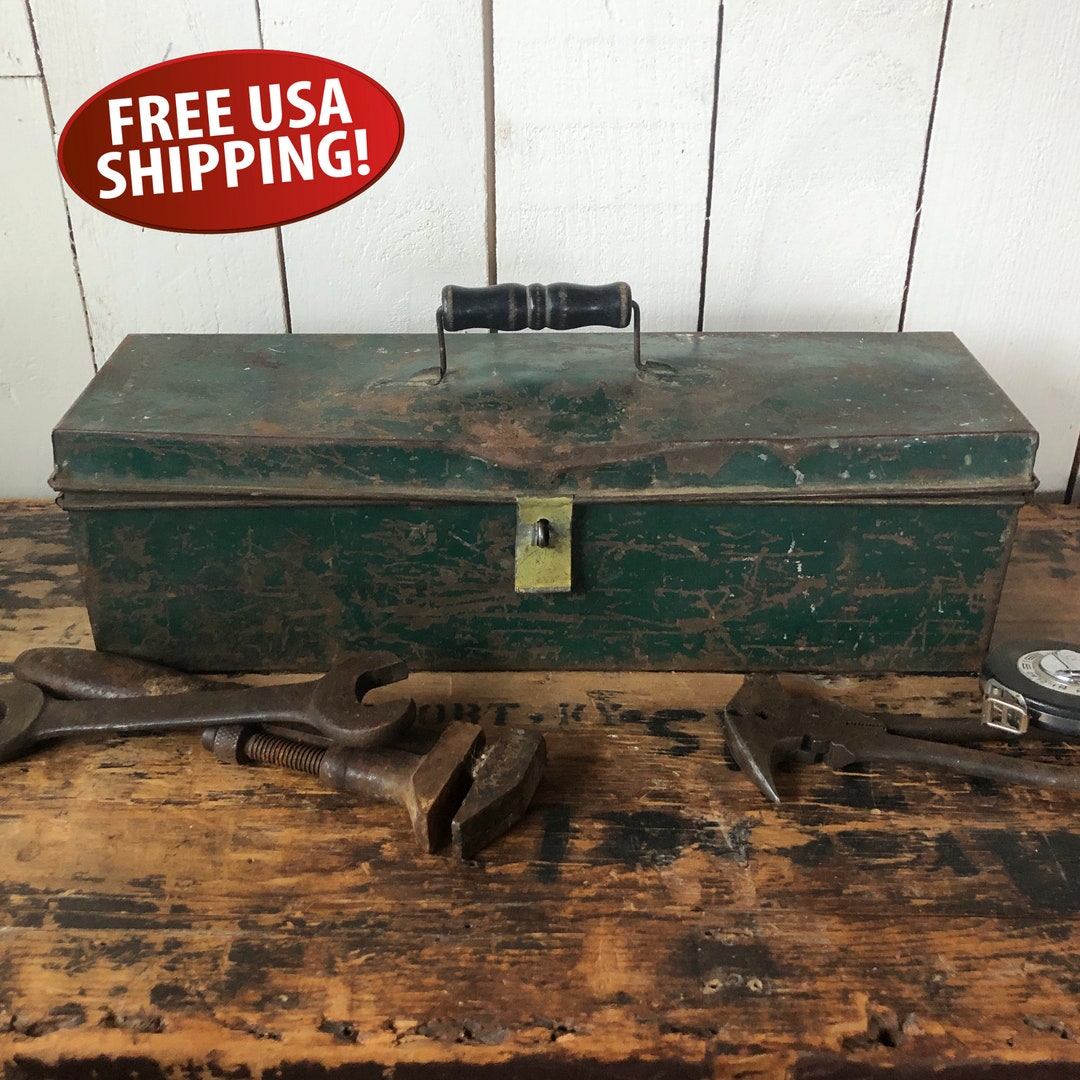 Old Distressed Green Metal Toolbox With Wood Handle Loaded With Patina ...