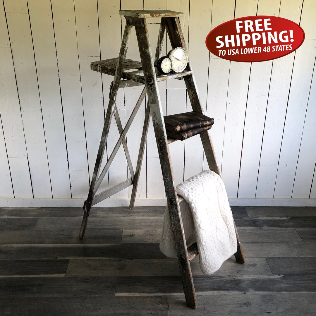 Distressed Midcentury Wooden Folding Ladder, 56 Inch, Five Wrung Ladder ...