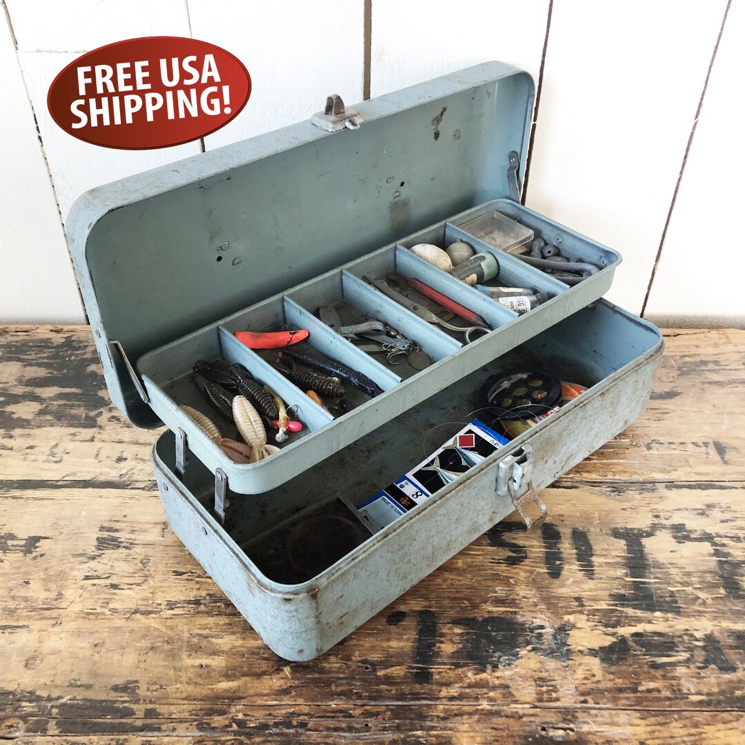 Mid-century Metal Tackle Box With Vintage Tackle Lures, Hooks, Weights ...