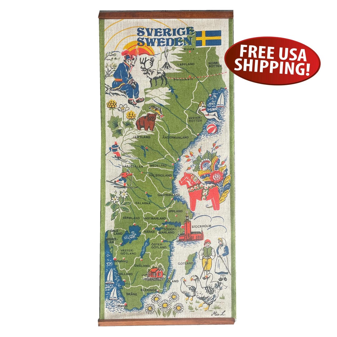 Vintage Fabric Map of Sweden Wall Hanging, Swedish Souvenir Map, Dala ...