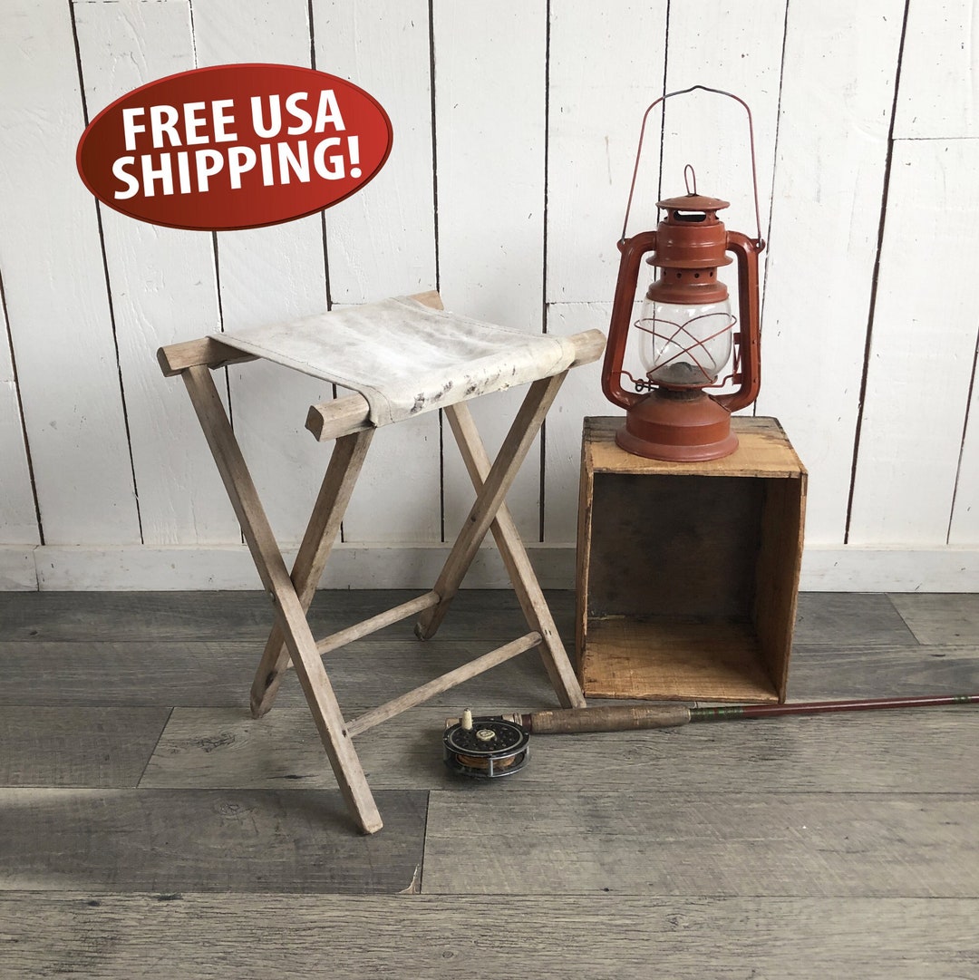 Rustic Wood & Canvas Folding Camp Stool, Primitive Folding Chair ...