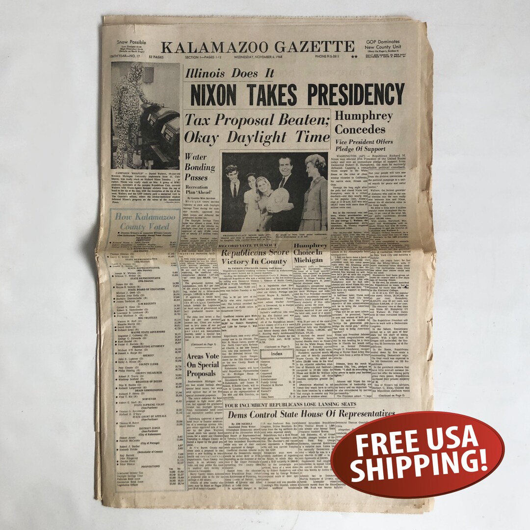Original Newspaper Nixon Wins Presidency From November 6, 1968, 11/6 ...
