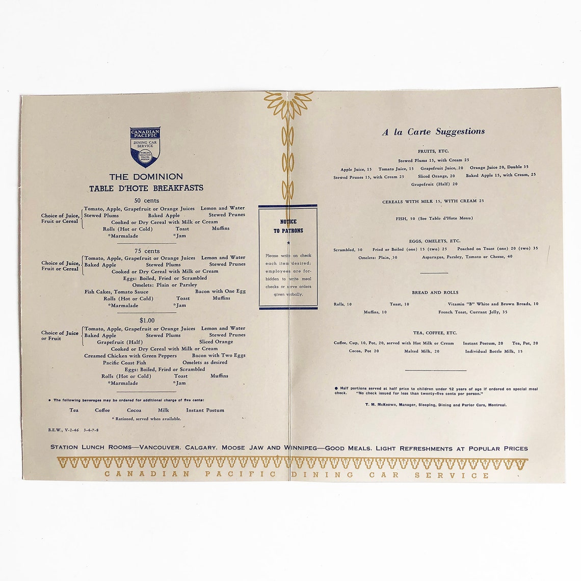 1940s Canadian Pacific Railway Dining Car Menu Railroad | Etsy