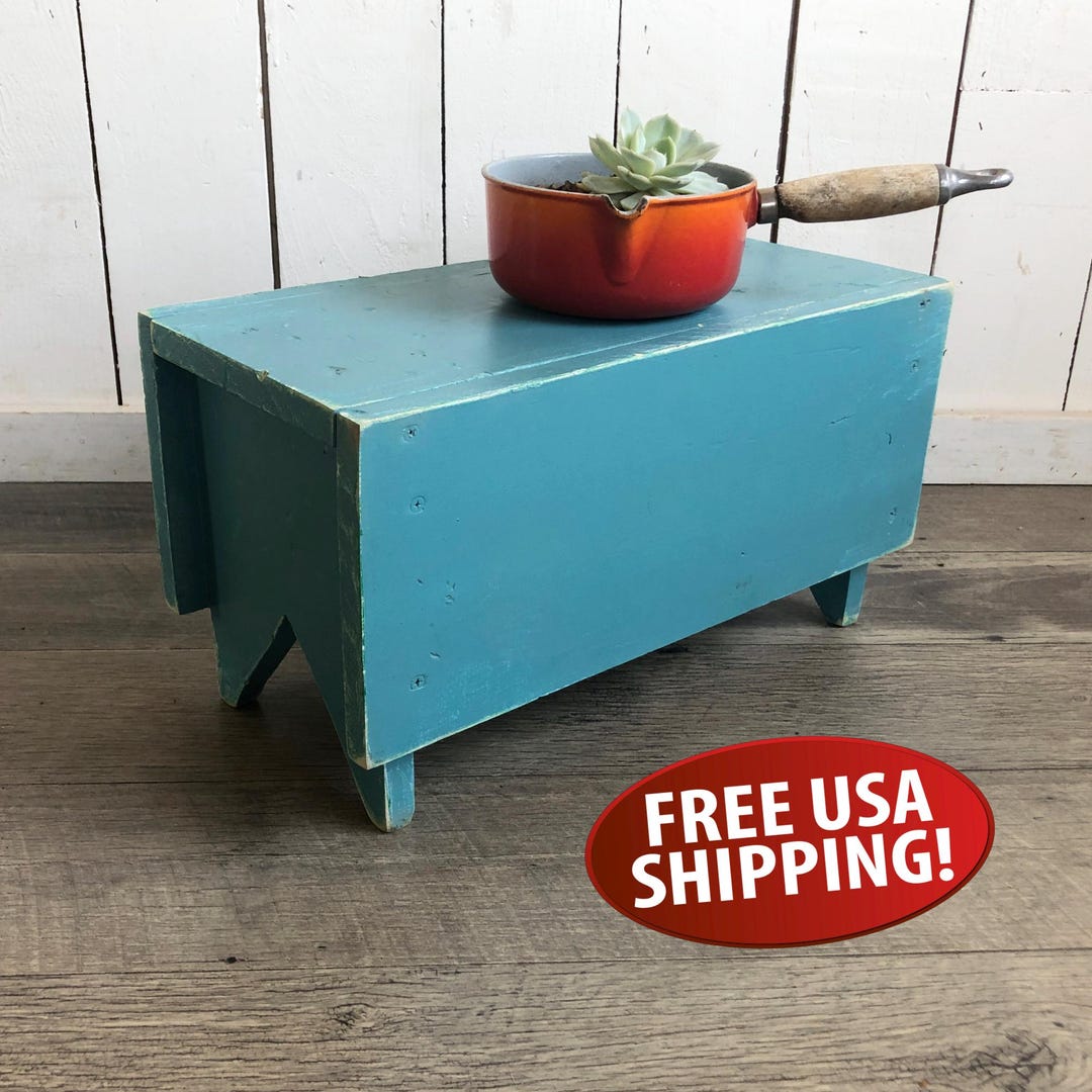 Vintage Turquoise Wooden Step Stool, Foot Stool, Ottoman, Homemade Wood ...