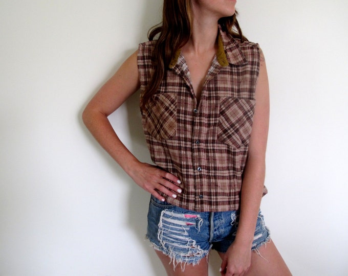Sleeveless Flannel Womens Brown Plaid Grunge Style Button up Down Tank ...