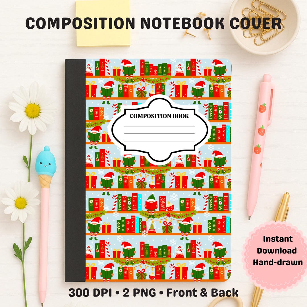 Christmas Elves Bookshelf Composition Notebook Cover | Elves Reading ...