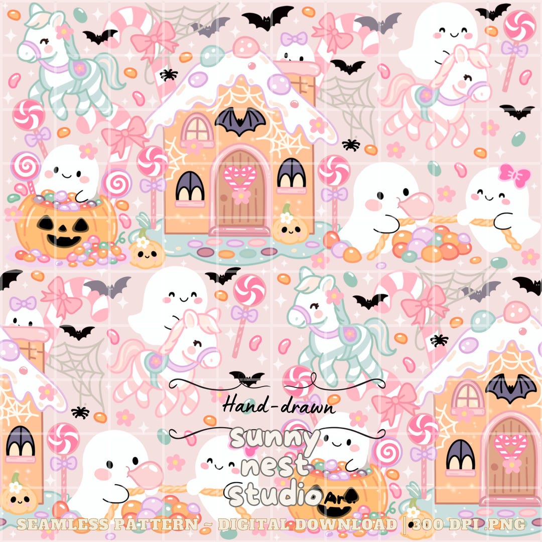 Kawaii Halloween Seamless Pattern: Pastel Ghosts, Candy, Pumpkins (PNG ...