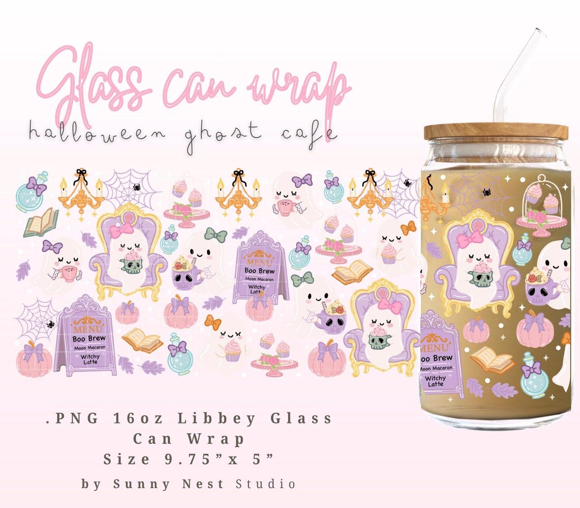Pastel Halloween Ghost Cafe Wrap | Libbey 16oz PNG Wrap | Kawaii ...