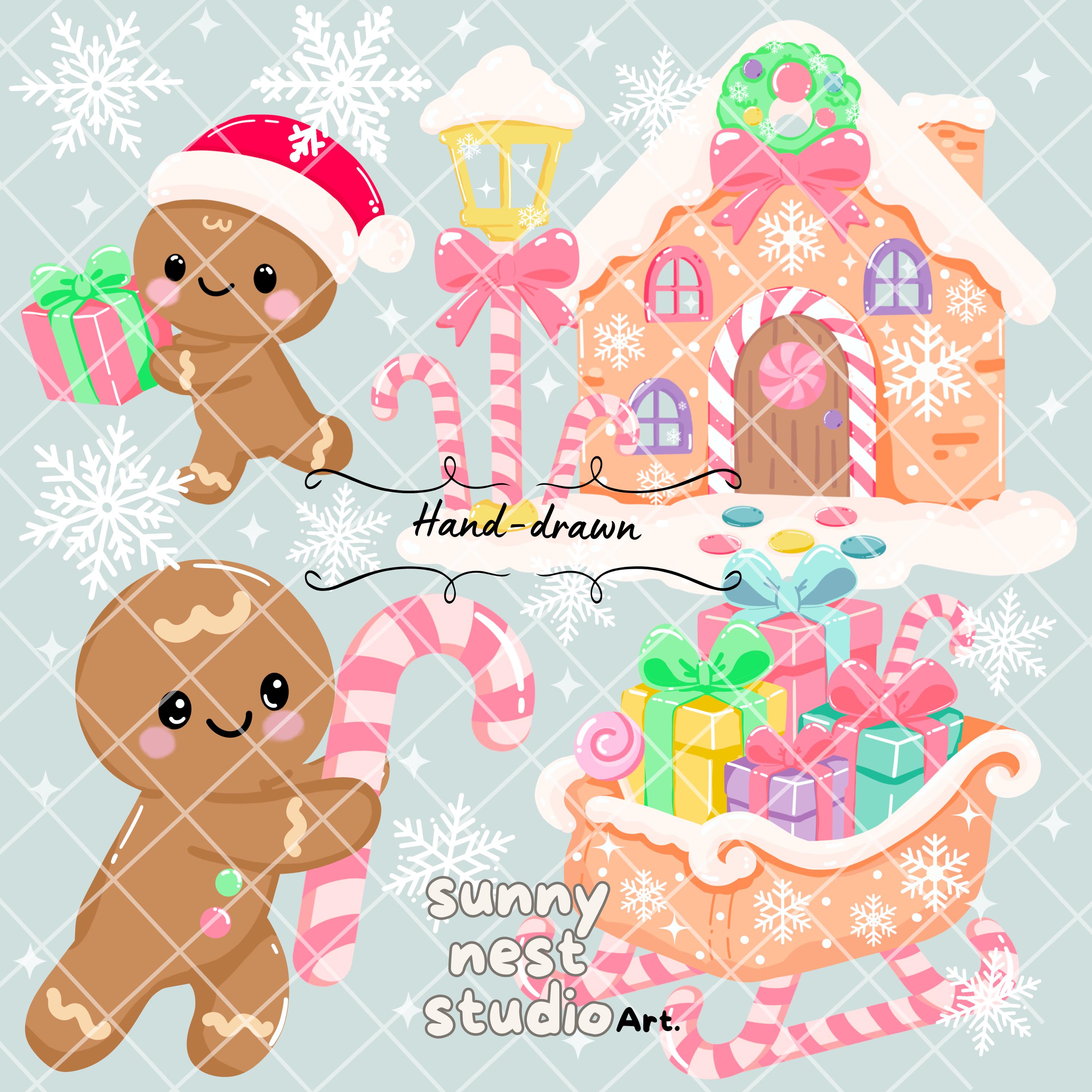 Gingerbread Christmas Clipart Set | Cute PNG Gingerbread House, Sleigh ...