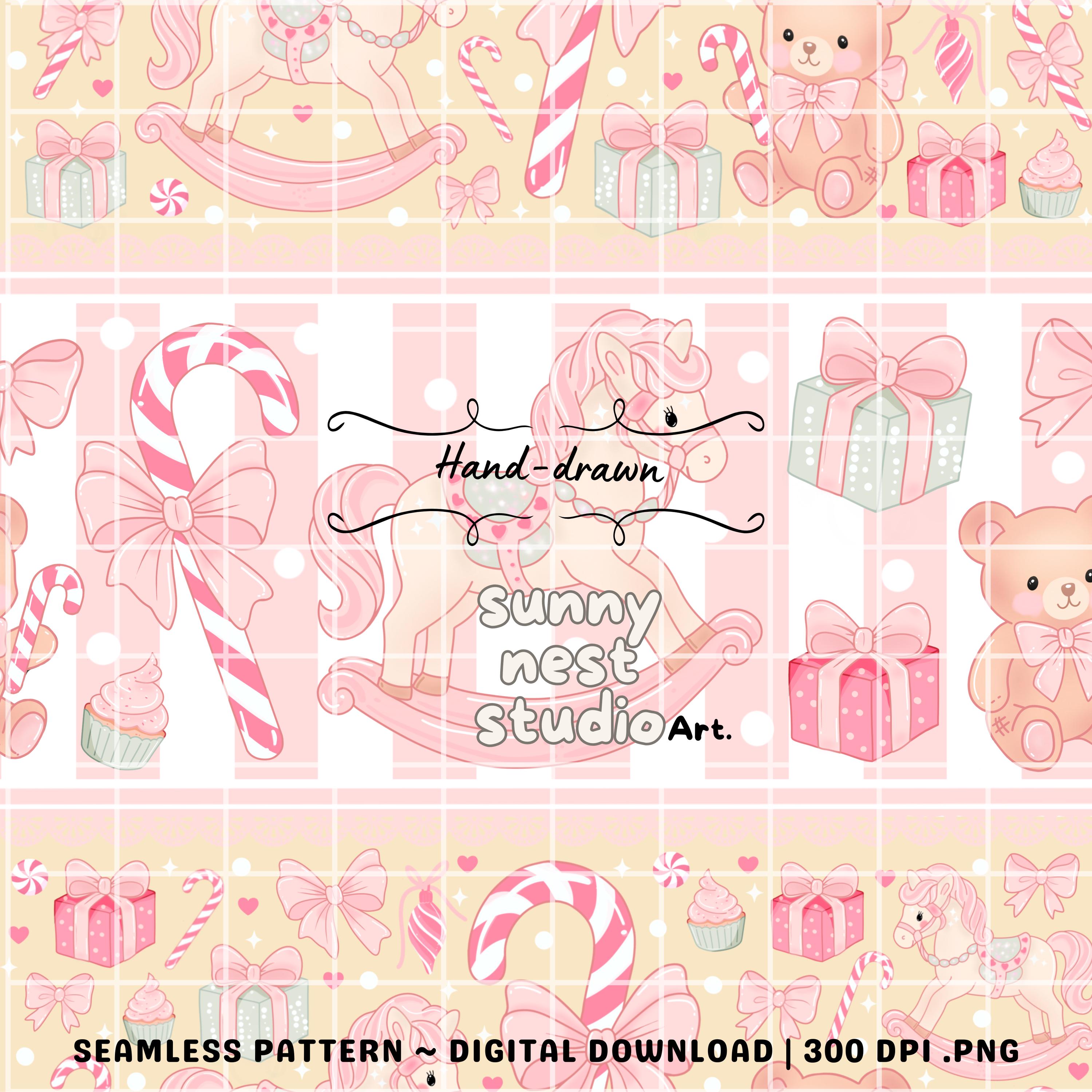Pink Pastel Christmas Seamless Pattern | Rocking Horse Teddy Candy Cane ...