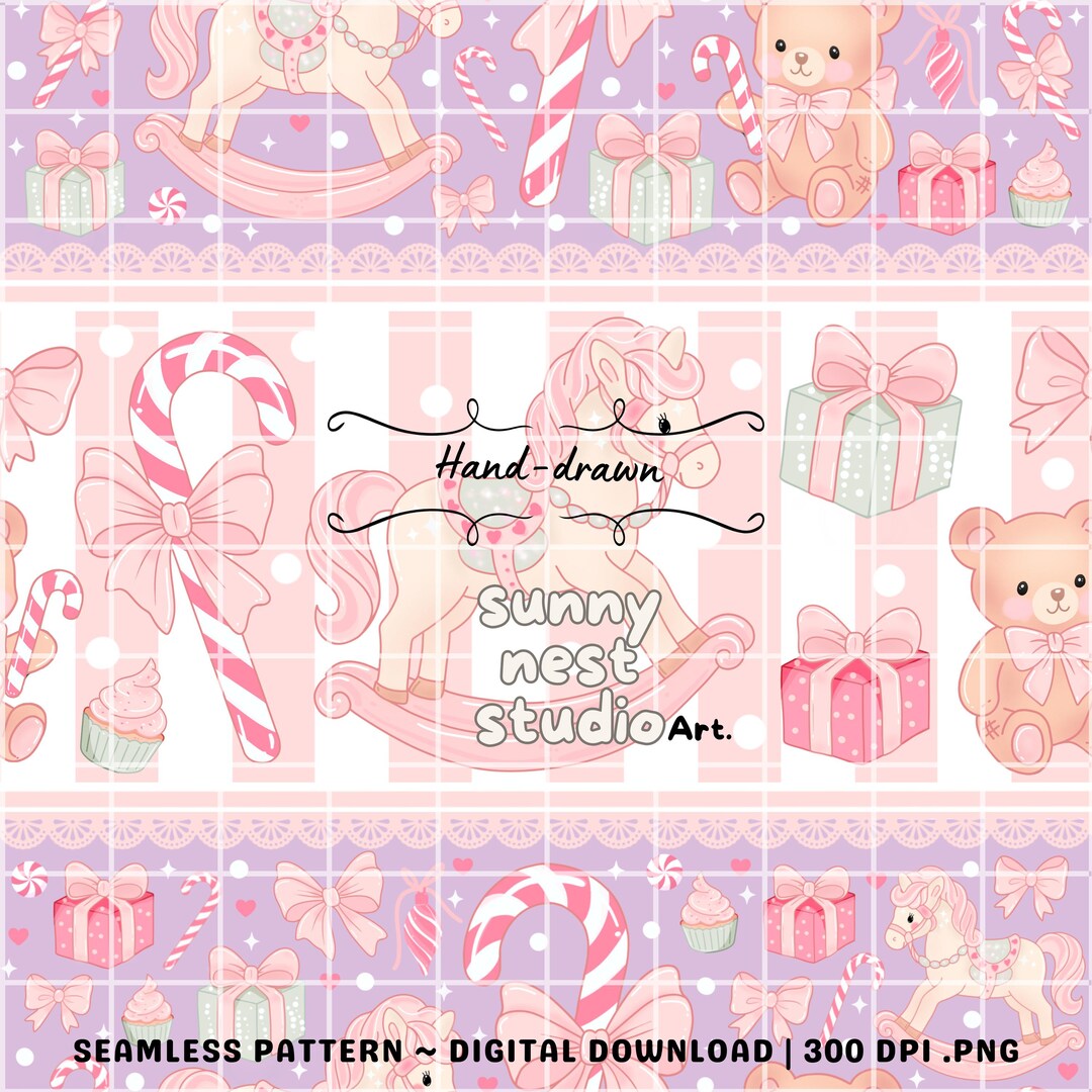 Pink Pastel Christmas Seamless Pattern | Rocking Horse Teddy Candy Cane ...