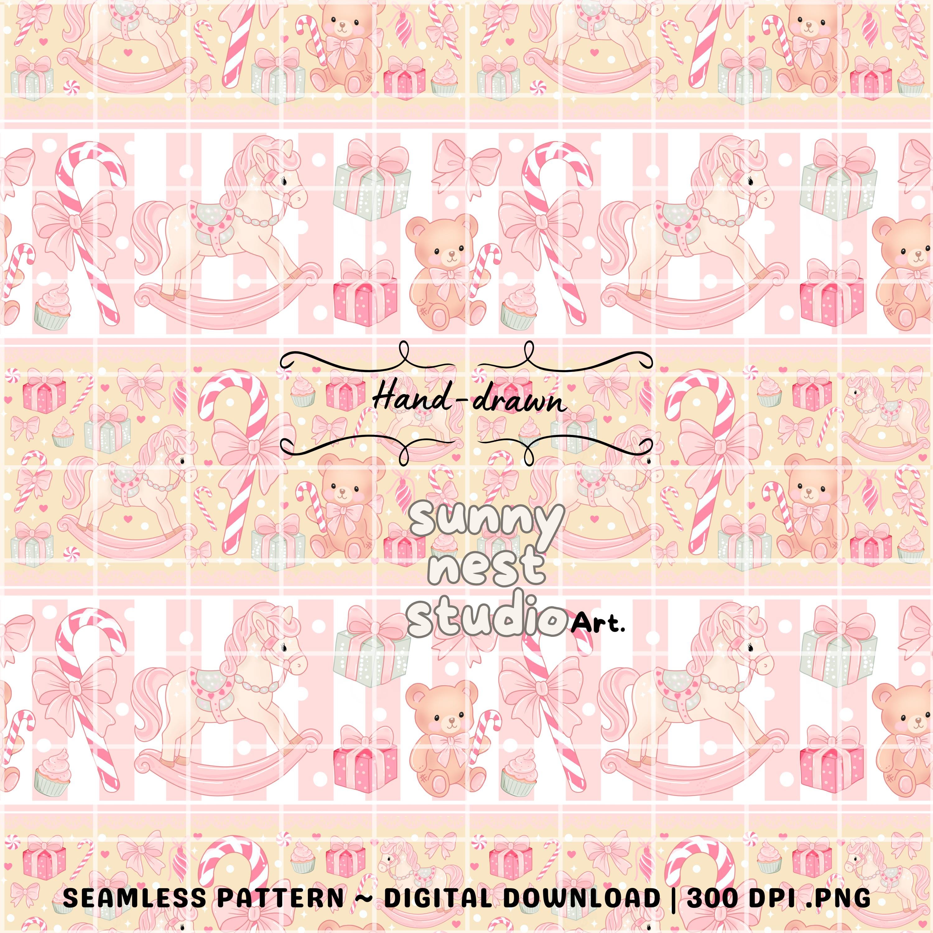Pink Pastel Christmas Seamless Pattern | Rocking Horse Teddy Candy Cane ...