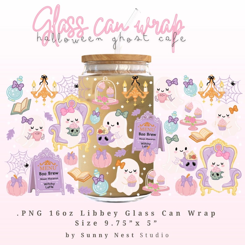 Pastel Halloween Ghost Cafe Wrap | Libbey 16oz PNG Wrap | Kawaii ...