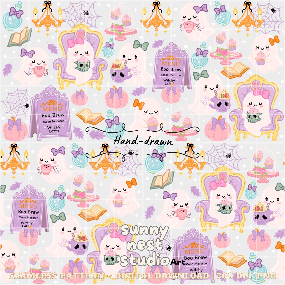 Kawaii Halloween Seamless Pattern: Pastel Ghosts, Skulls, Boo Brew Café ...