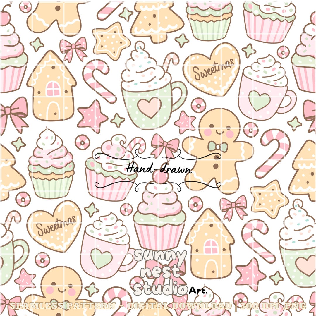 Pastel Christmas Seamless Pattern: Kawaii Gingerbread Treats Digital ...