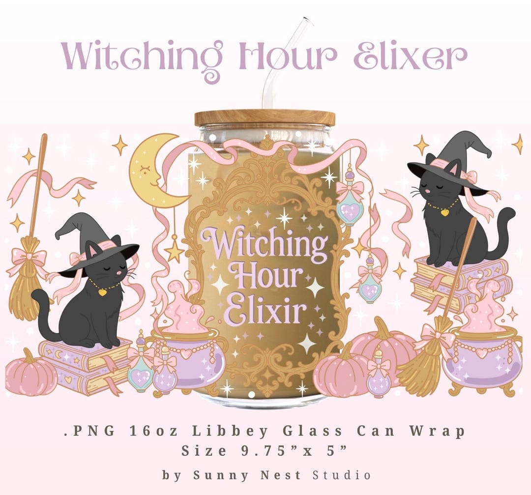 Witching Hour Elixir Glass Can Wrap PNG – Pastel Halloween Black Cat ...
