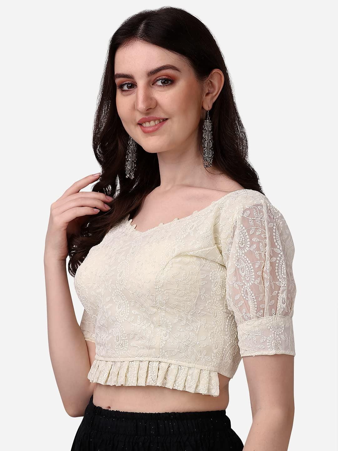 Readymade Indian Saree Lehenga Designer White Blouse With Lucknowi ...