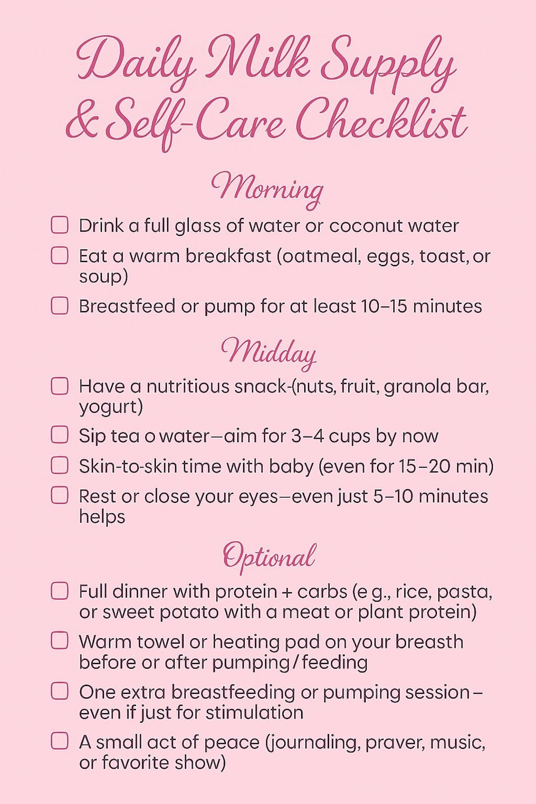 Pink Breastfeeding Checklist | Milk Supply & Self-care Routine for Moms ...