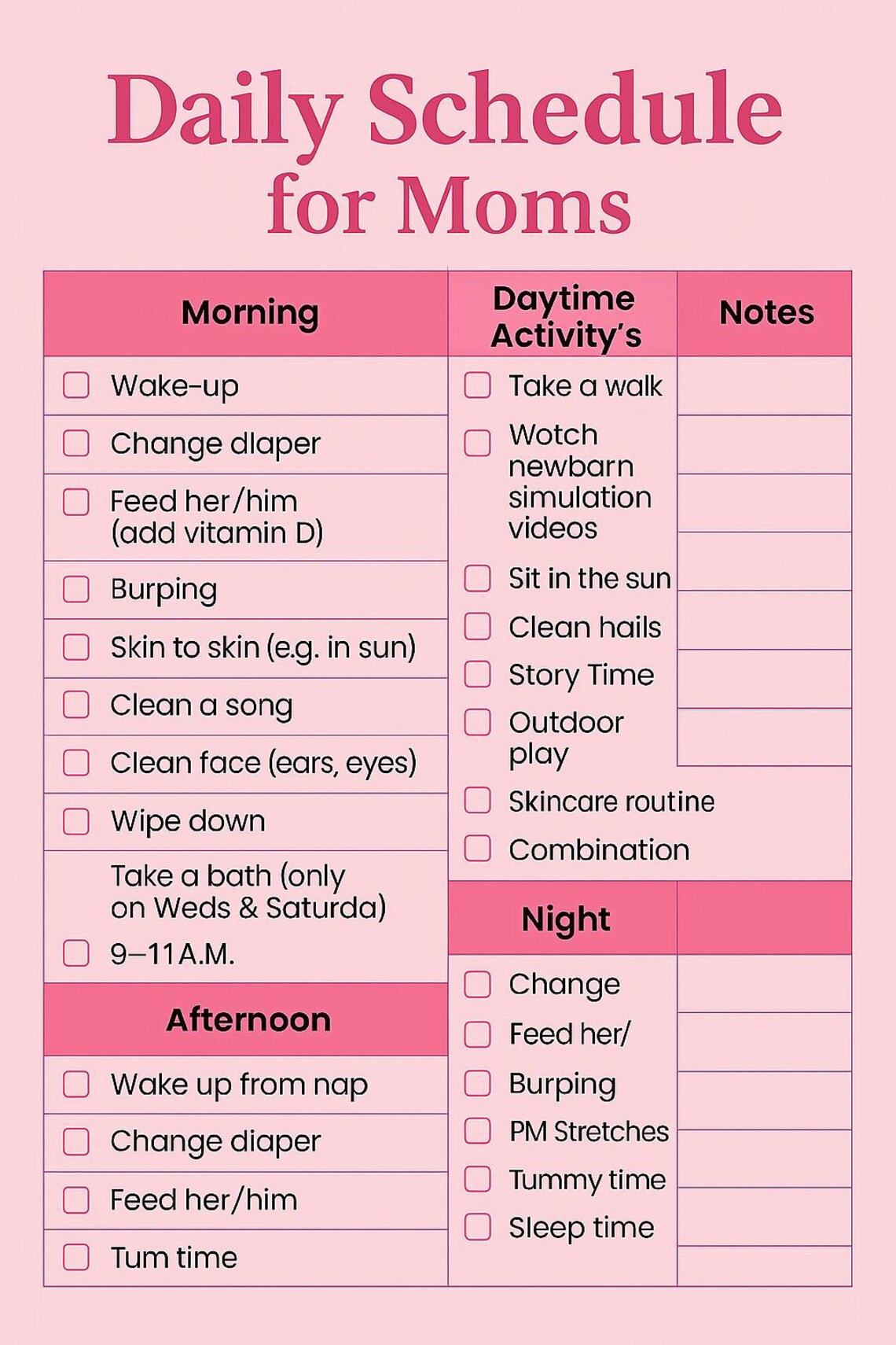 Daily Schedule for Moms | Printable Baby Routine Checklist | Newborn ...