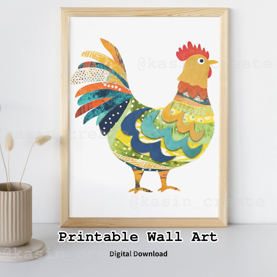 Whimsical Printable Rooster Poster – Textured Animal Art for Farmhouse ...