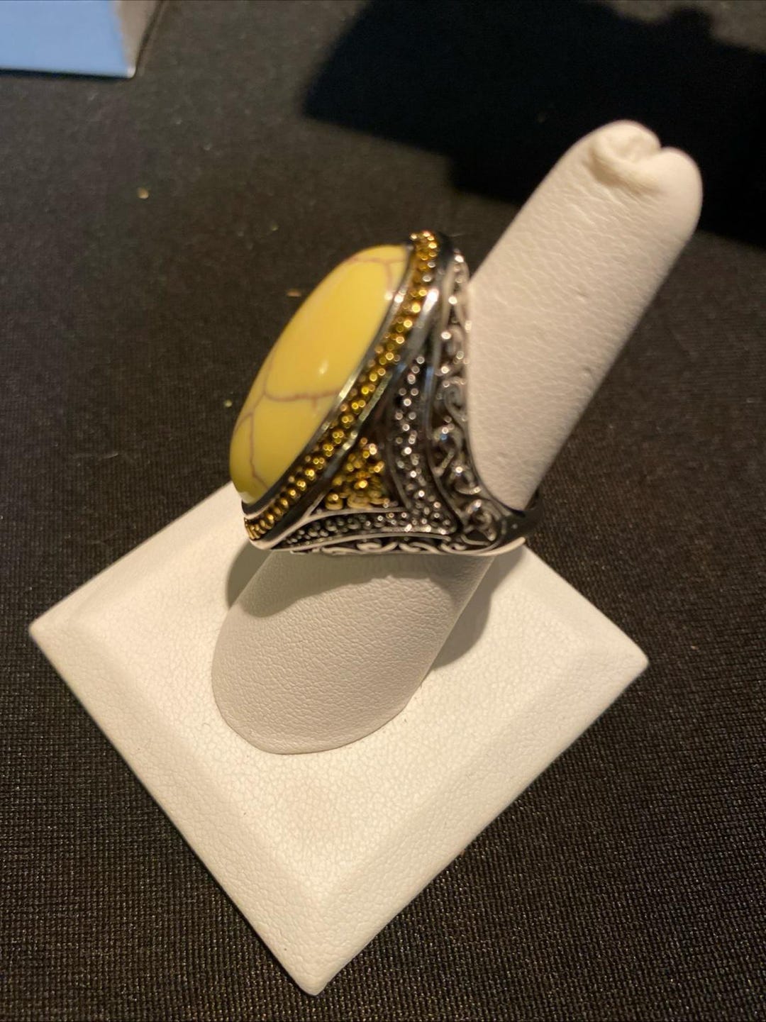 Bold Yellow Marbled Stone Statement Ring | Silver Gold Tone Boho ...
