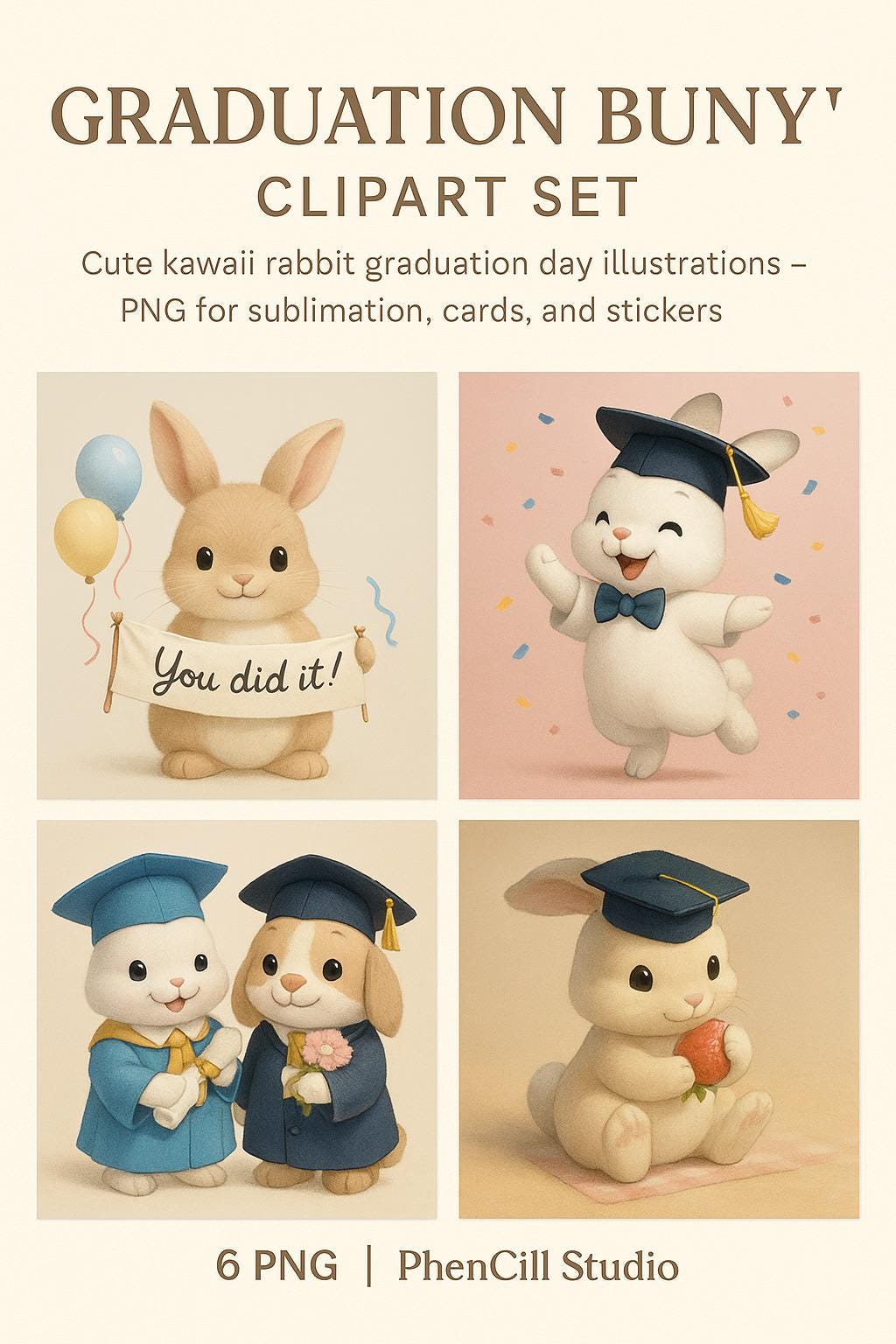 Graduation Bunny Clipart Set – Cute Kawaii Rabbit Graduation Day ...