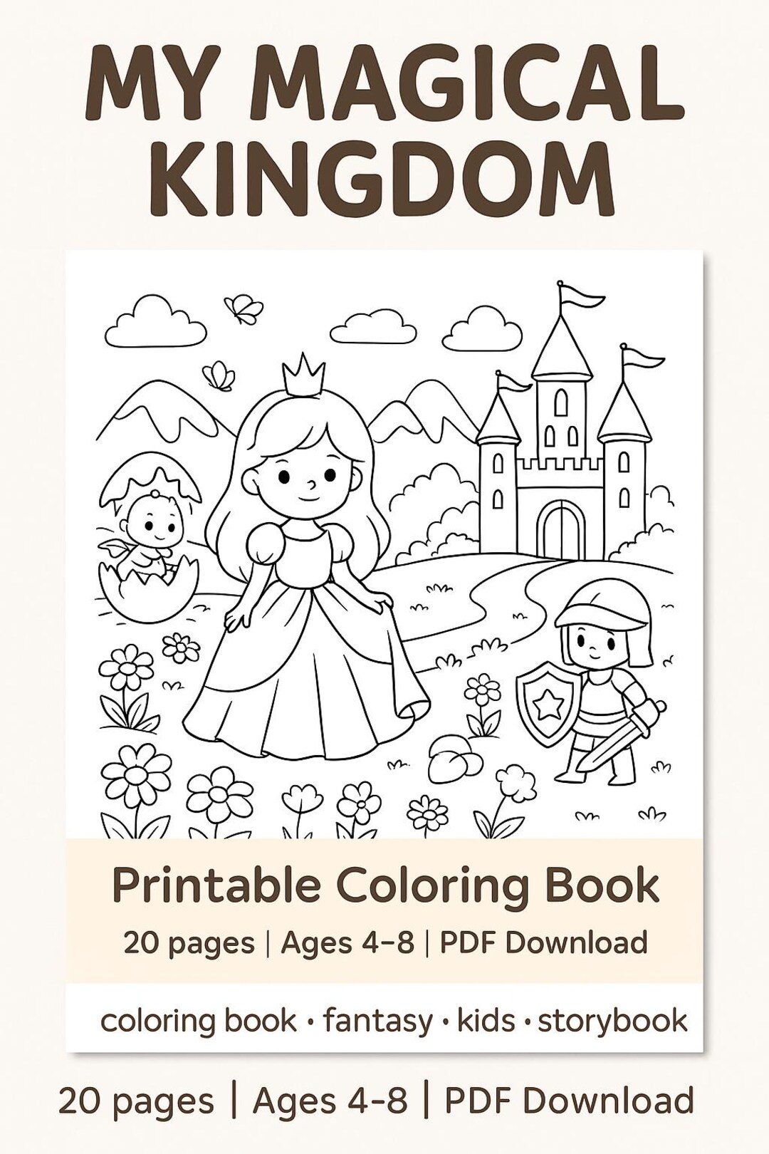 Printable Fantasy Coloring Book for Kids | 20 Pages of Princesses ...