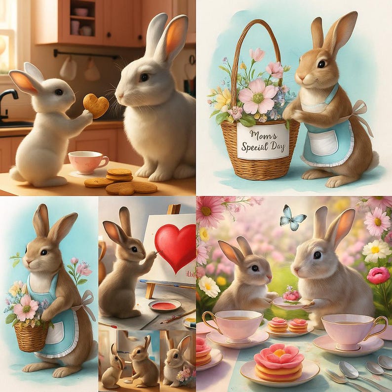 Cute Bunny Mother’s Day Card Clipart Set 6 Watercolor PNG & JPG ...