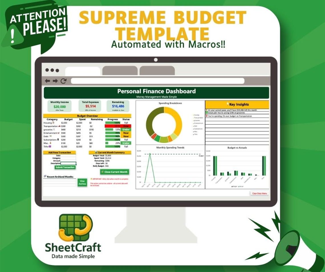 Simple Automated Budget Spreadsheet — Track Spending, Save Faster & Pay ...