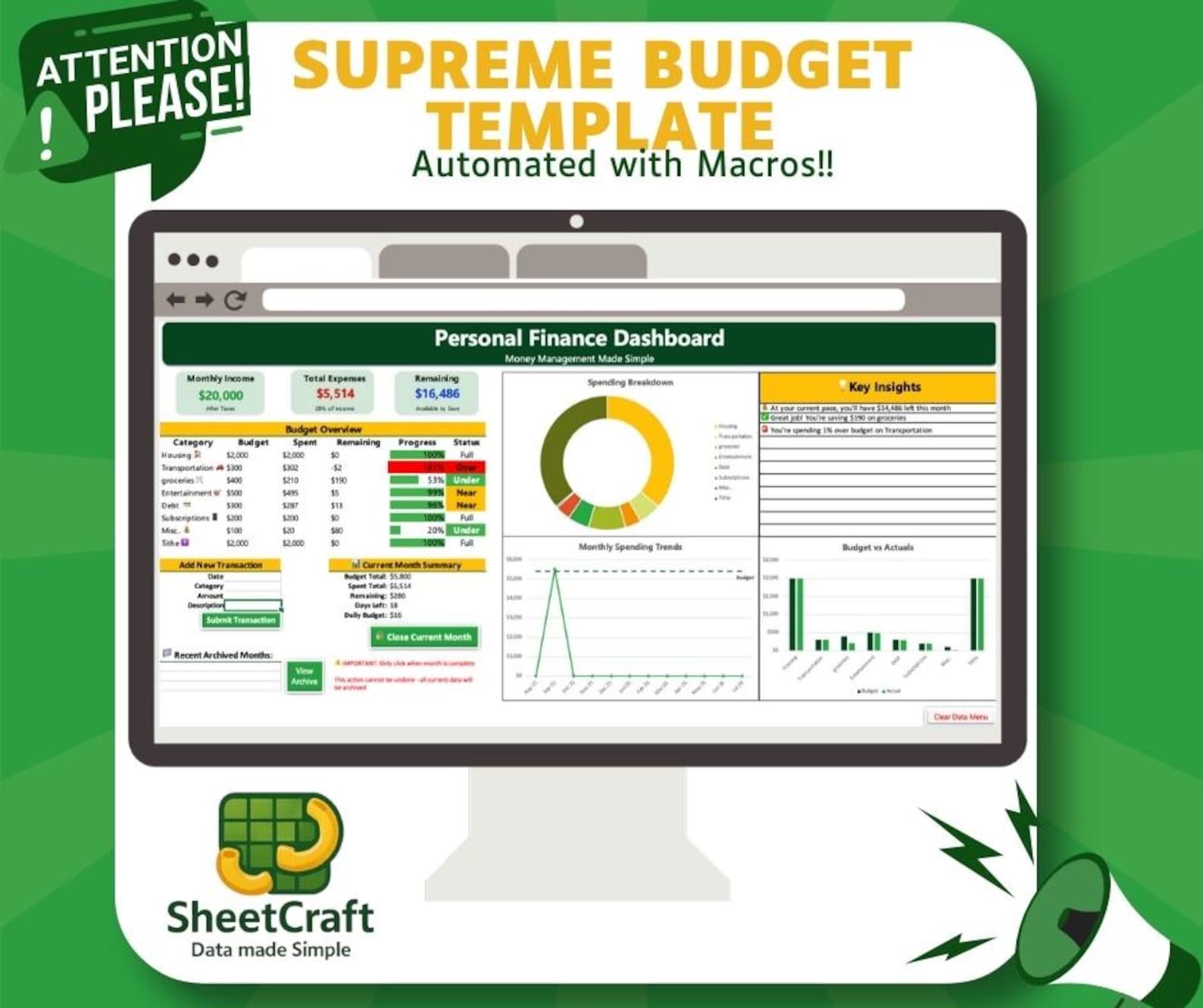 Simple Automated Budget Spreadsheet — Track Spending, Save Faster & Pay ...
