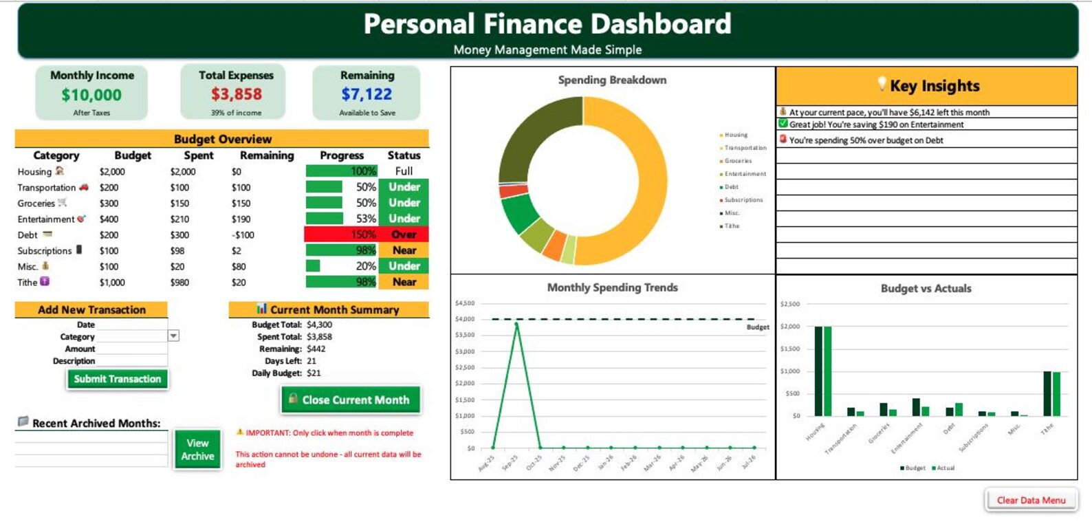 Simple Automated Budget Spreadsheet — Track Spending, Save Faster & Pay ...