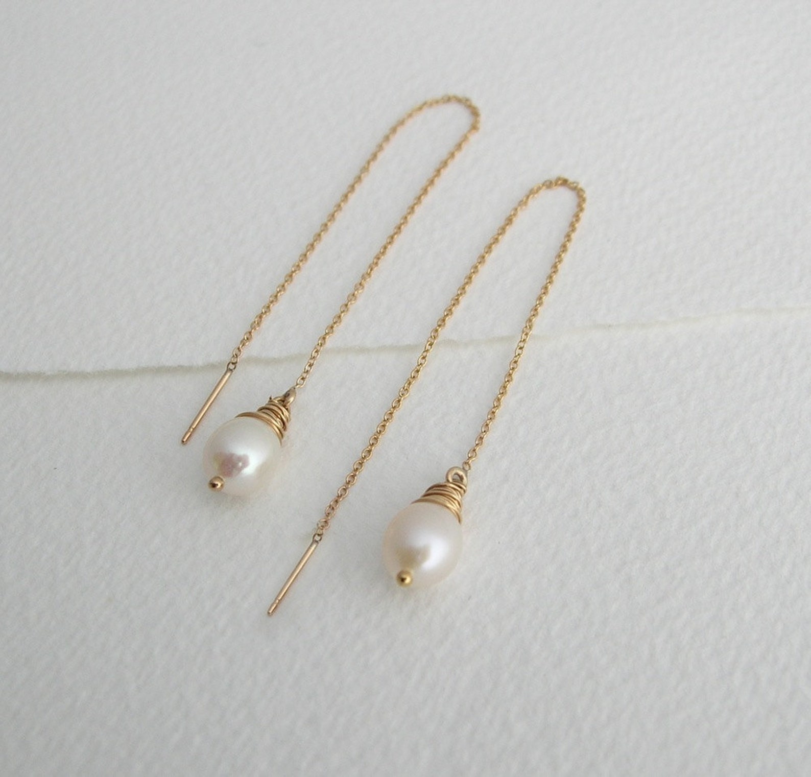 Freshwater Pearl Ear Threads, Pearl Drop Earrings, Threader Earrings ...