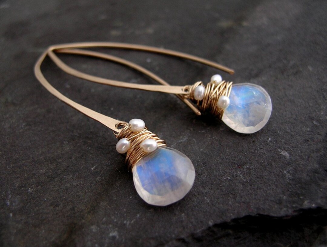 Moonstone and Pearl Long Hoop Earrings, June Birthstone, June Birthday ...