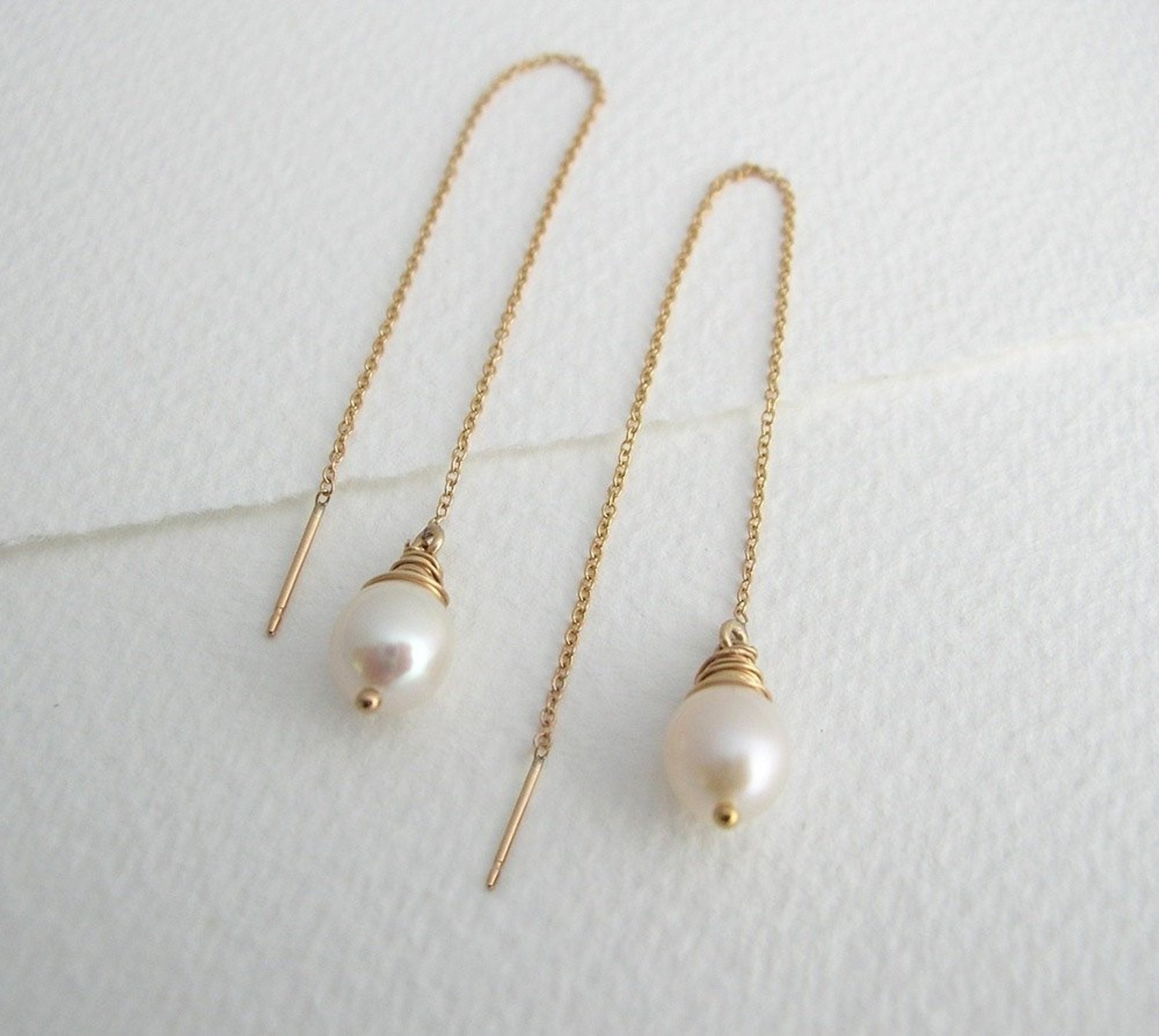 Freshwater Pearl Ear Threads, Pearl Drop Earrings, Threader Earrings ...