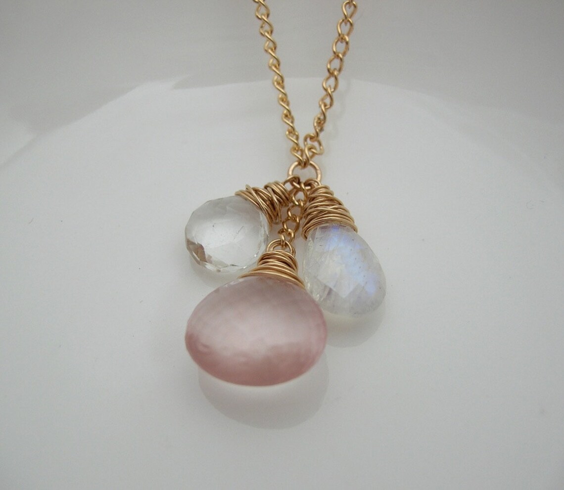 Rose Quartz Moonstone and Crystal Pendant Necklace in Gold or - Etsy