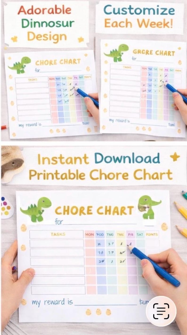 Dinosaur Chore Chart Printable | Kids Weekly Reward System (instant ...