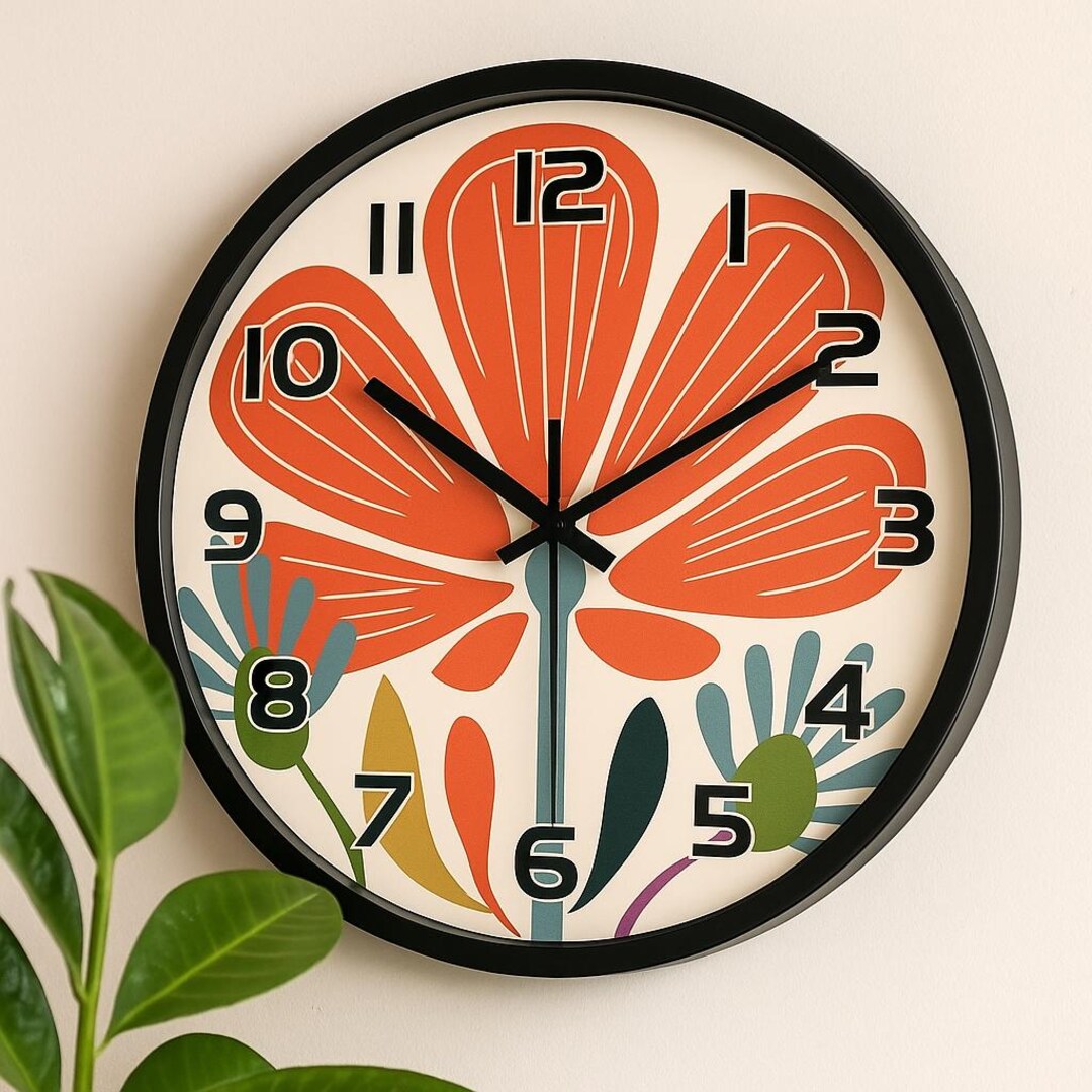 Orange Flower Wall Clock – Bold Floral Art Clock – Abstract Flower ...