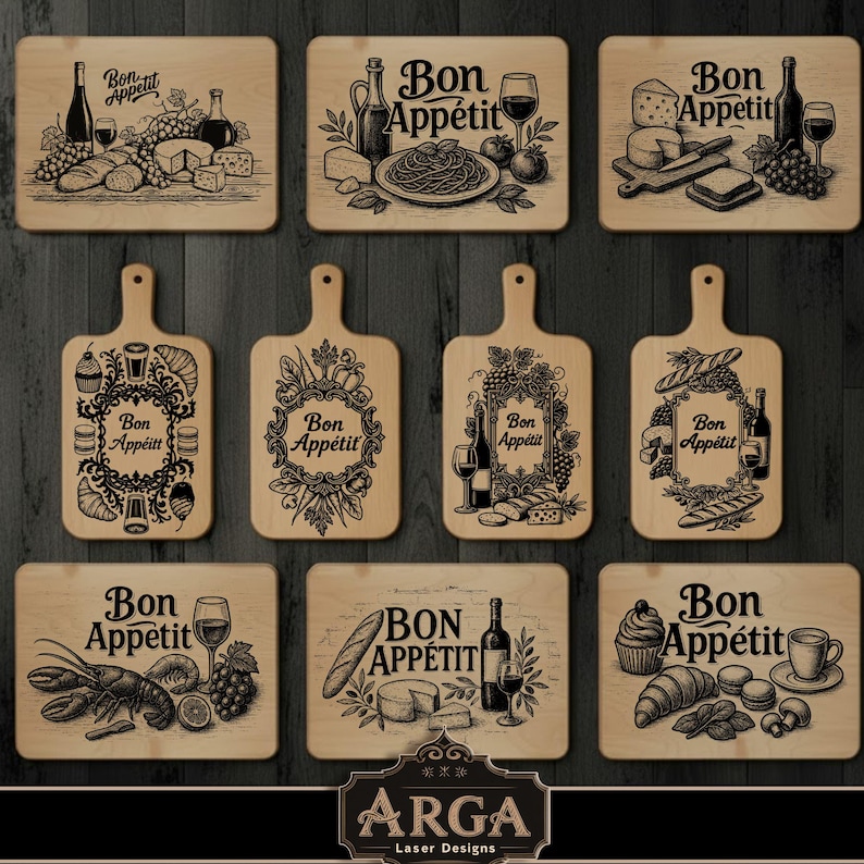 10 Bon Appetit Board Bundle SVG Laser File: Cutting Board Design ...