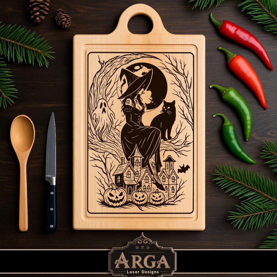 Halloween Witch Cutting Board SVG File: Laser Engraving Design (digital ...