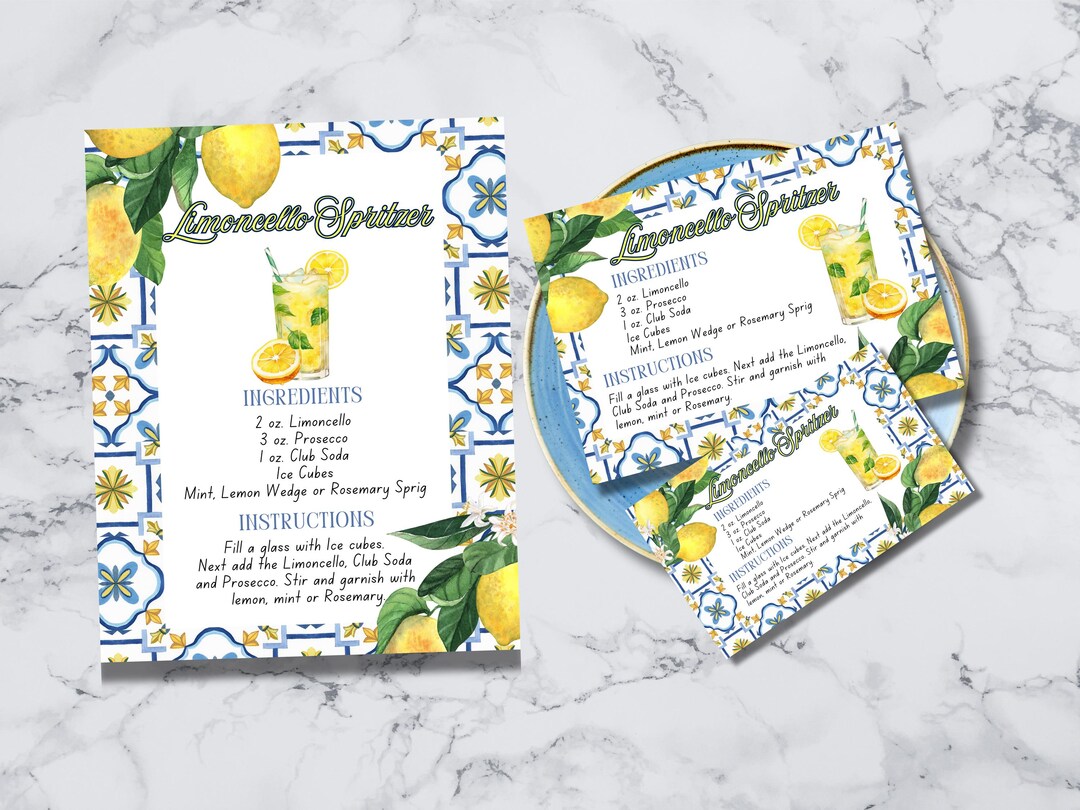 Limoncello Spritzer Recipe Card Set | Printable Lemon Cocktail Bar ...