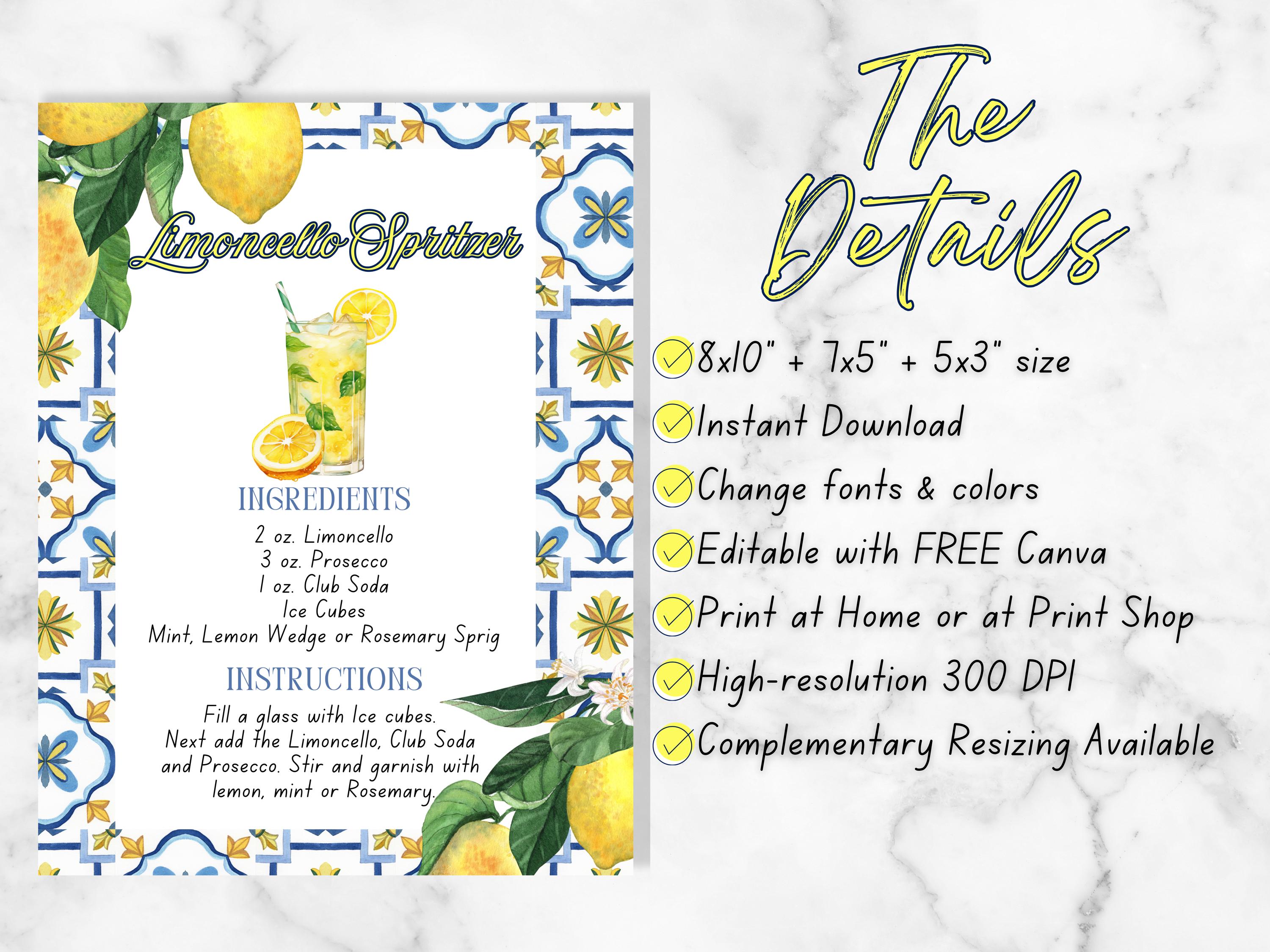 Limoncello Spritzer Recipe Card Set | Printable Lemon Cocktail Bar ...
