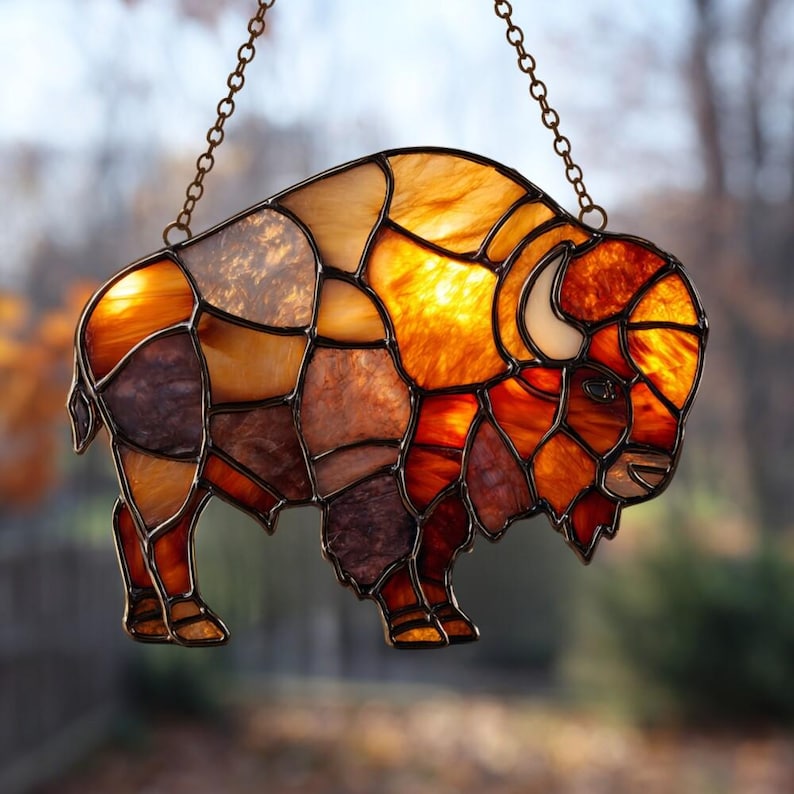 Bison Buffalo Acrylic Suncatcher, Cute Majestic Bison Faux Stained ...