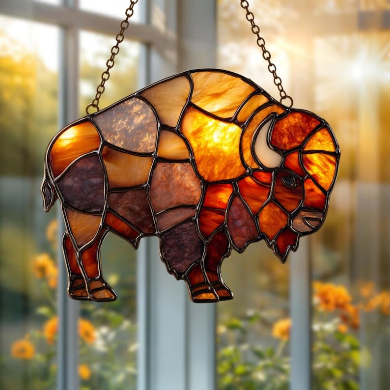Bison Buffalo Acrylic Suncatcher, Cute Majestic Bison Faux Stained ...