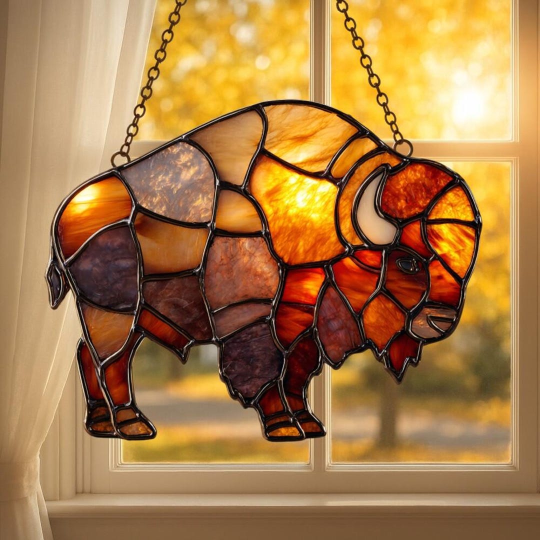 Bison Buffalo Acrylic Suncatcher, Cute Majestic Bison Faux Stained ...