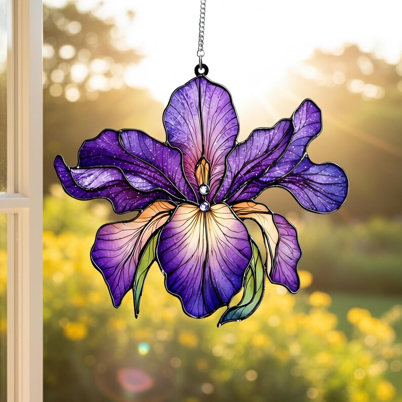 Personalized February Birth Flower Iris Acrylic Suncatcher, Purple Iris ...