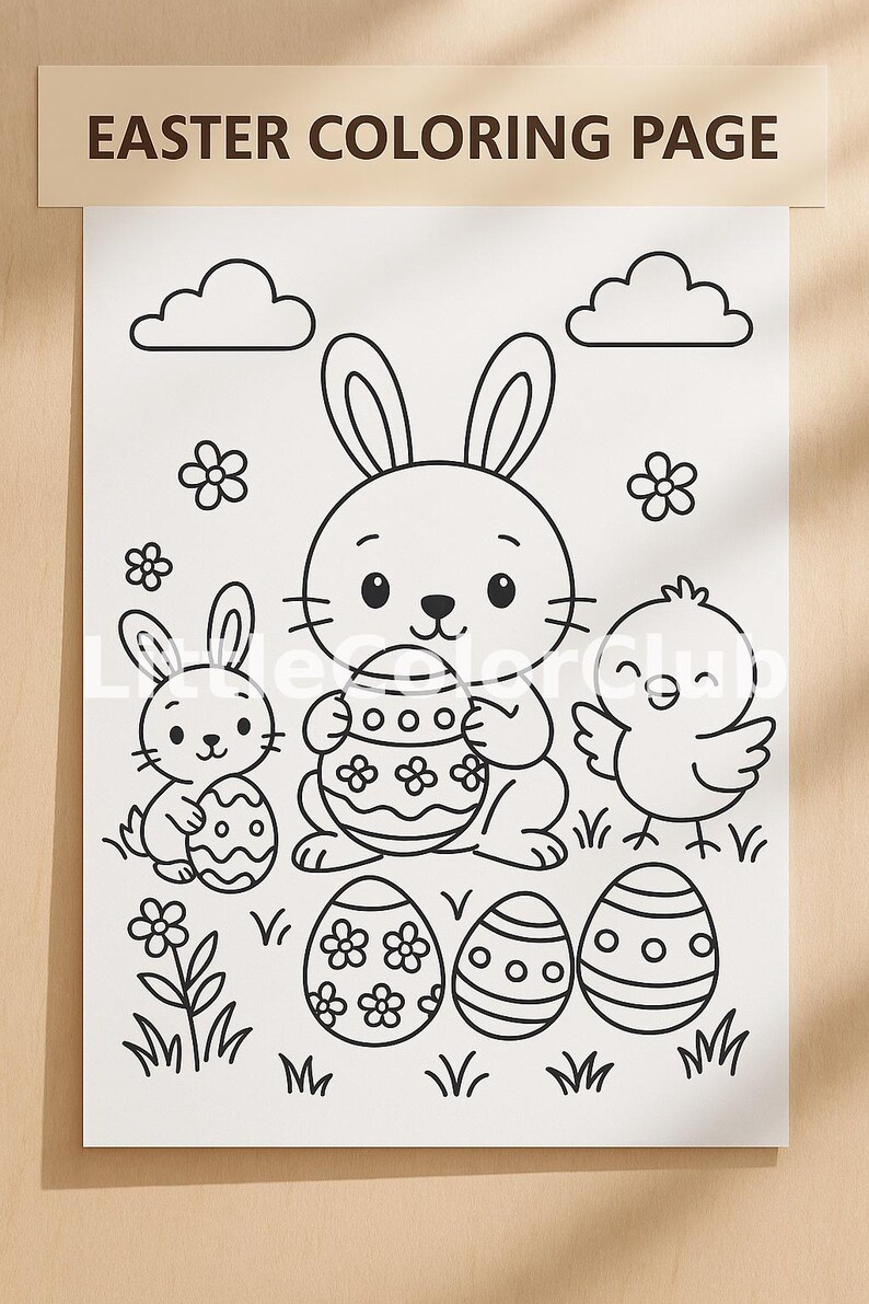 Easter Coloring Page for Kids | Printable Easter Bunny & Eggs | Spring ...