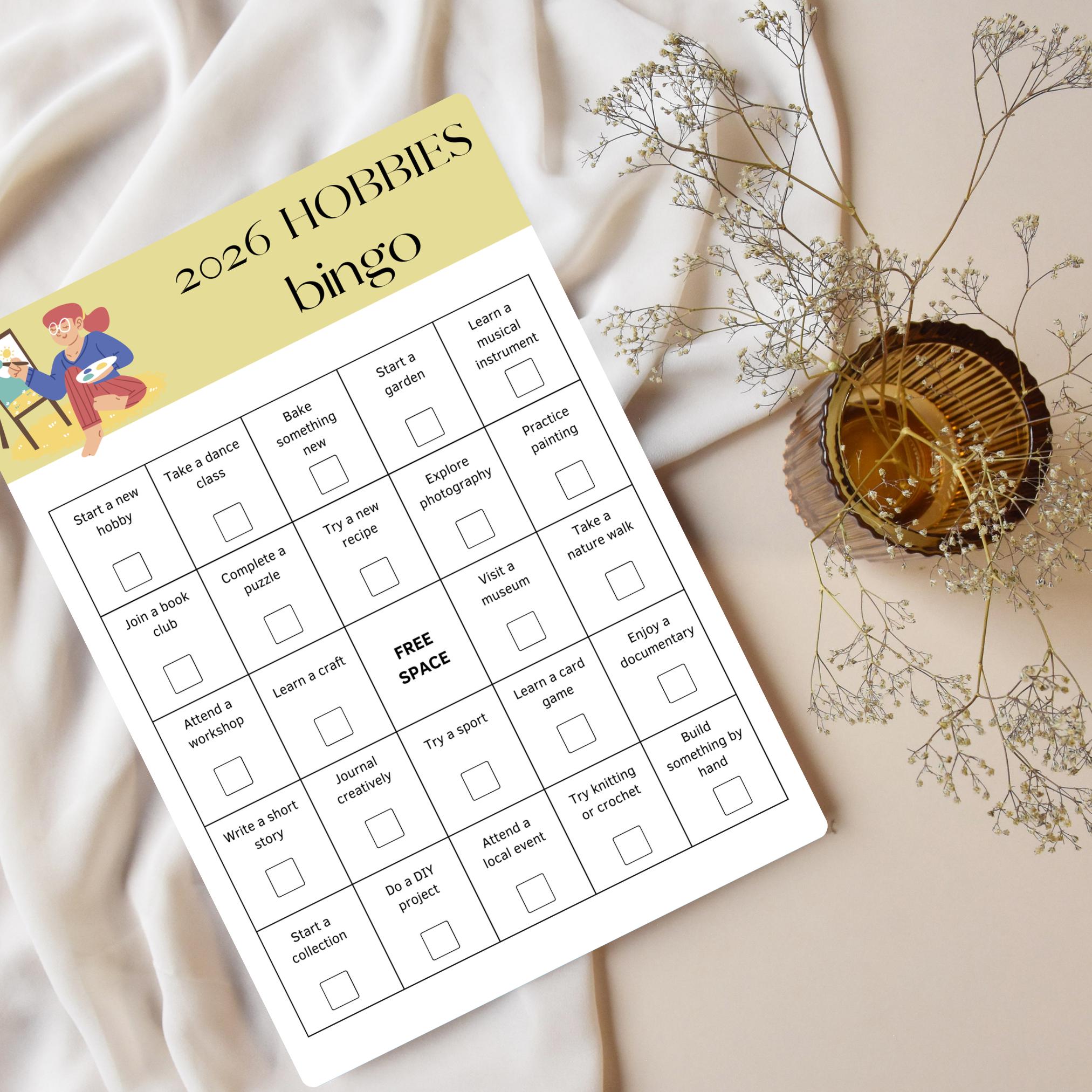 2026 Hobbies Bingo Card Printable | New Year Self Discovery Game ...