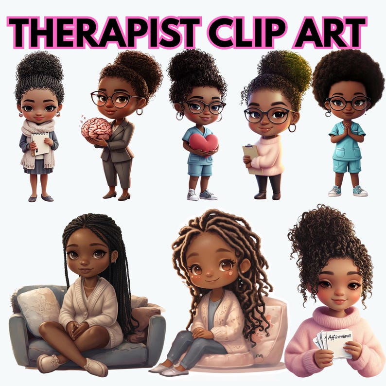 Black Therapist Chibi Clip Art, Black Mental Health Graphics (digital ...